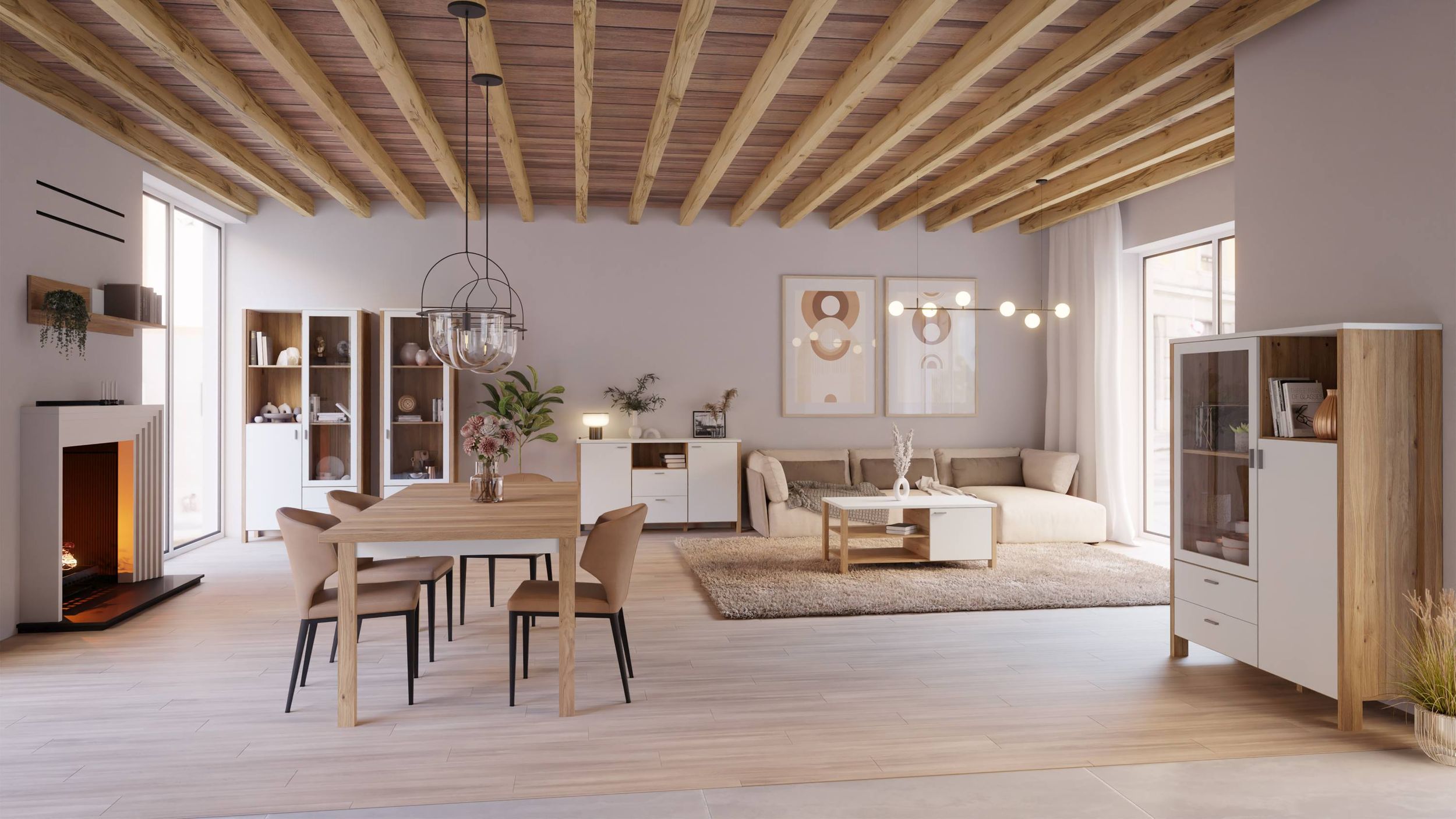 Ess- Wohnkombination SAITAMA mit Tisch Secret Grey / Mauvella Eiche